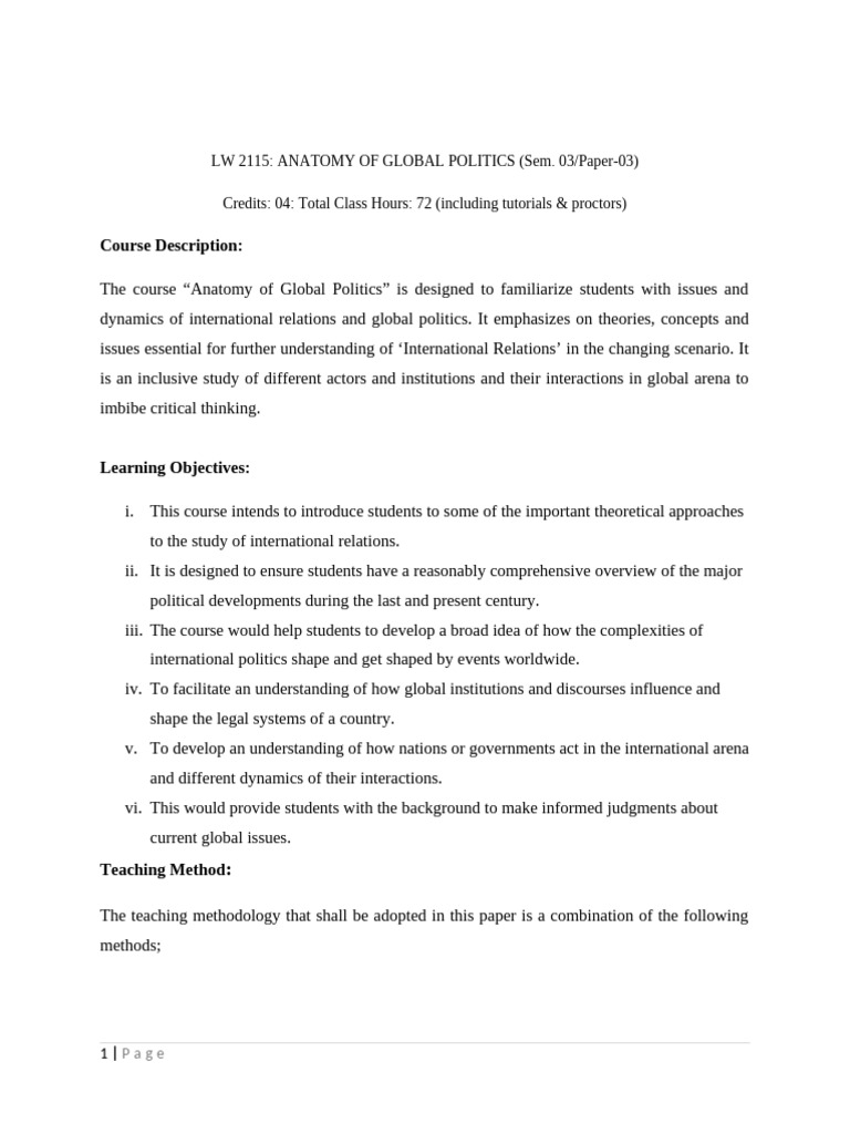 Anatomy of Global Politics Course Overview | PDF | International ...