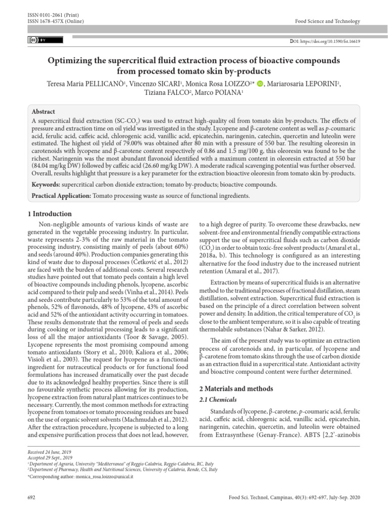 Pellicano Et Al. Optimizing The Supercritical Fluid Extraction Process of Bioactive Compounds ...