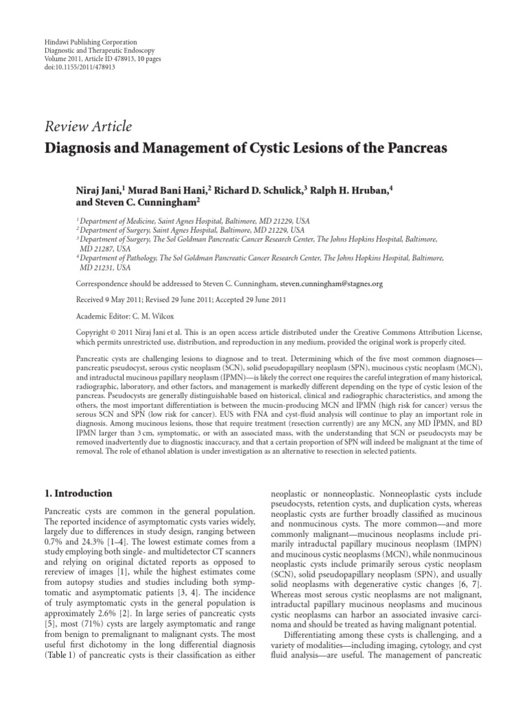 Diagnosis and Management of Cystic Lesions of The Pancreas | PDF ...