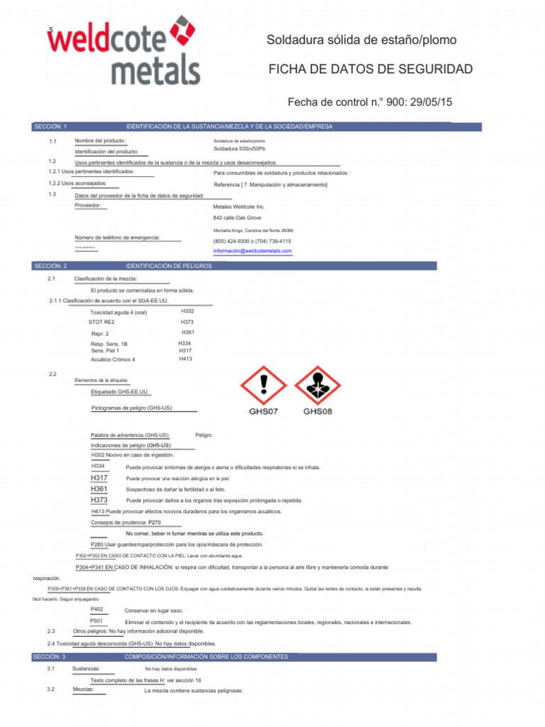 Ficha de Seguridad Soldadura Estaño/Plomo | PDF | Soldadura | Construcción