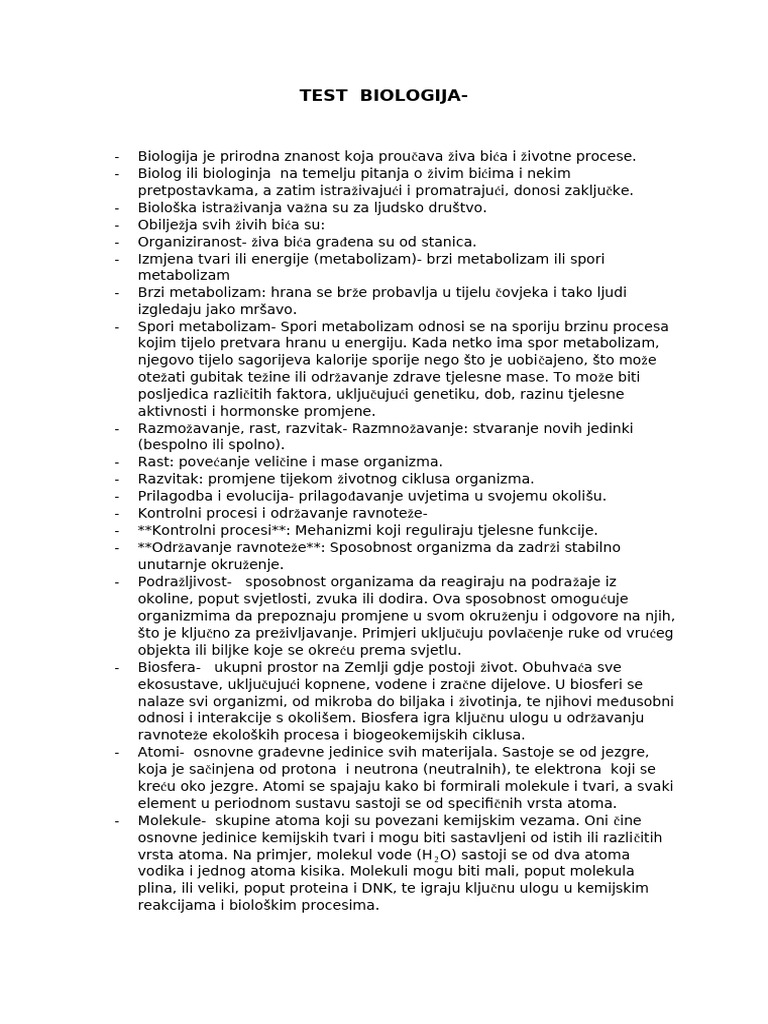 TEST BIOLOGIJA 1. (Isprintati Kad Se Zavrsi) | PDF