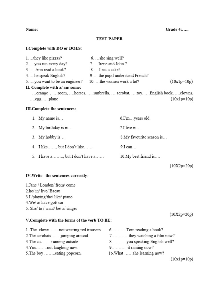 Grade 4 English Test Paper | PDF | Language Arts & Discipline