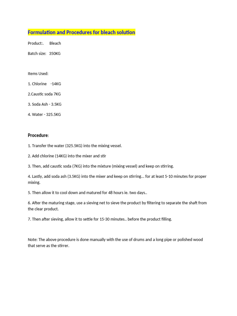 Formulation and Procedures For Bleach Solution | PDF