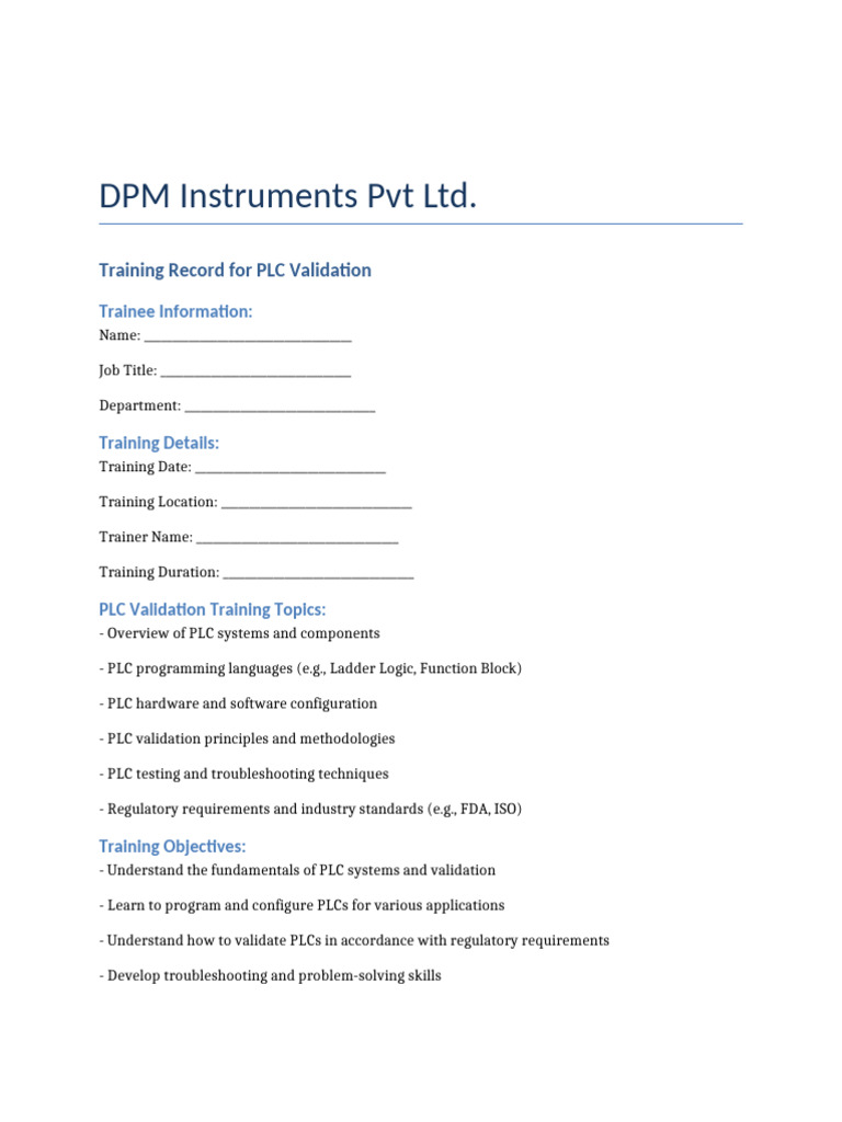 PLC Validation Training Record DPM Instruments | PDF