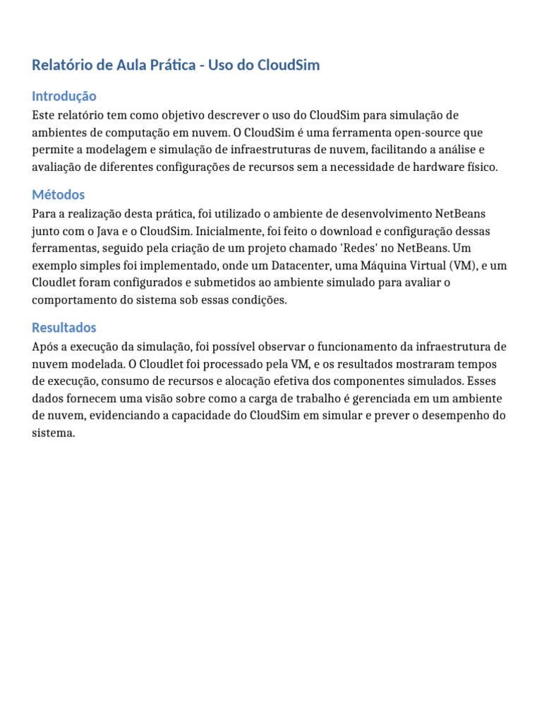 Relatorio CloudSim | PDF