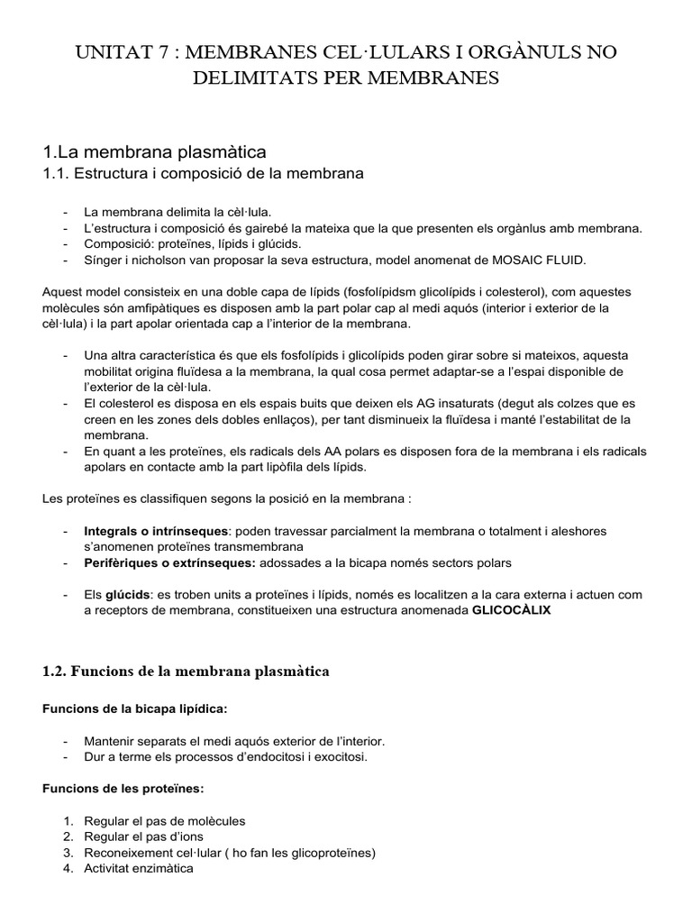 Unitat 7 Membranes Cel Lulars I Organuls No Delimitats Per Membranes Apunts | PDF