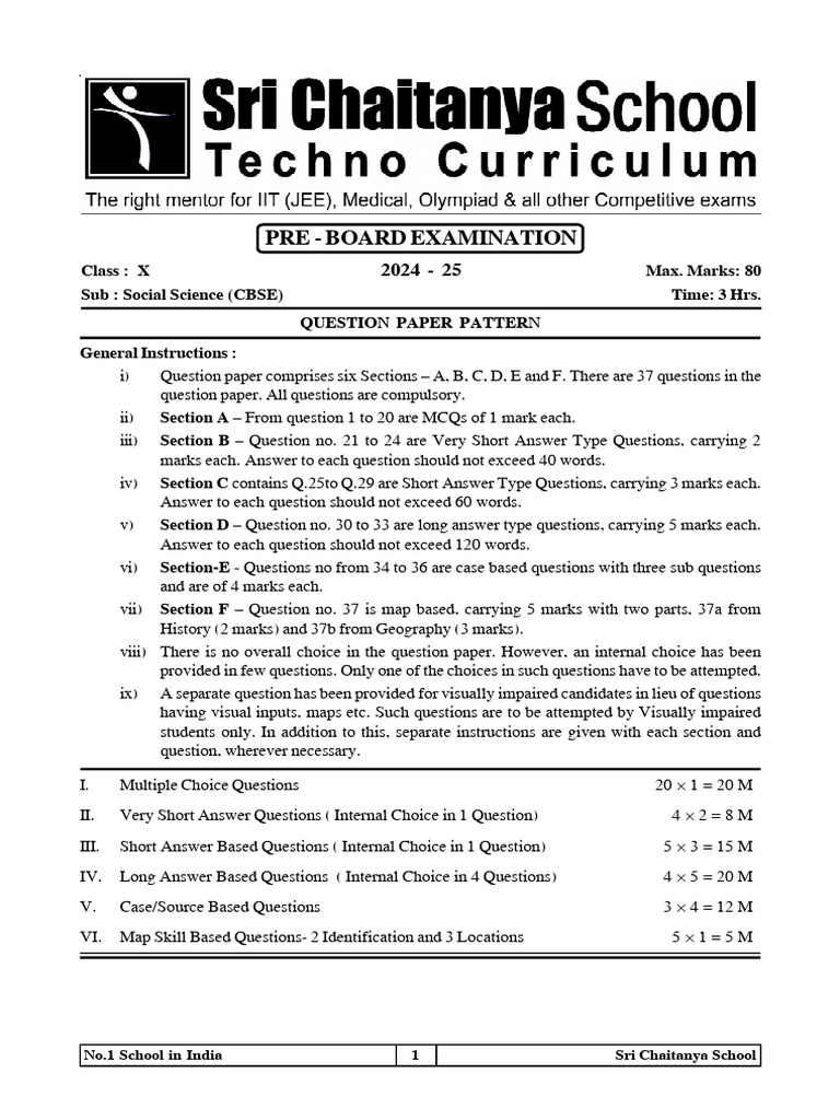 Social Science (CBSE) Class X Pre Board QP Pattern (2024-25) 80 Marks | PDF | Student Assessment ...