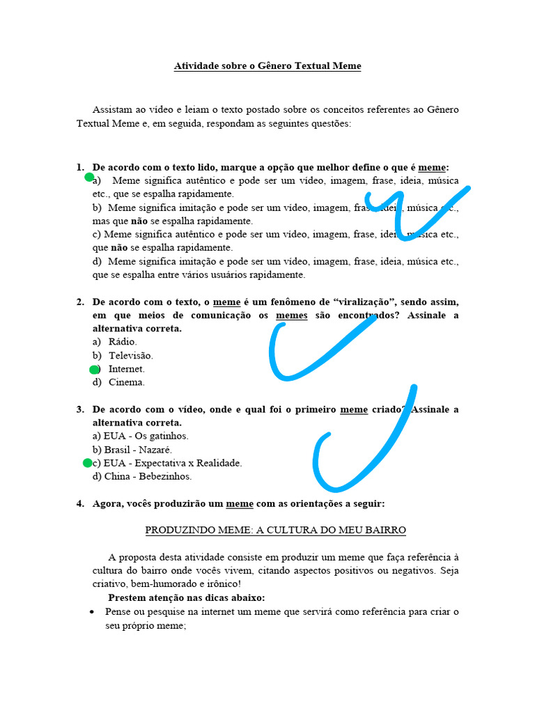 Atividade sobre Gênero Textual Meme | PDF