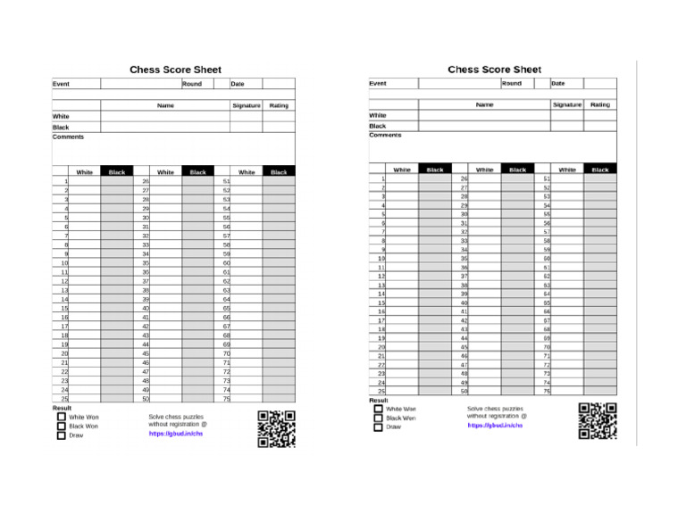 Chess Score Sheet 1 | PDF