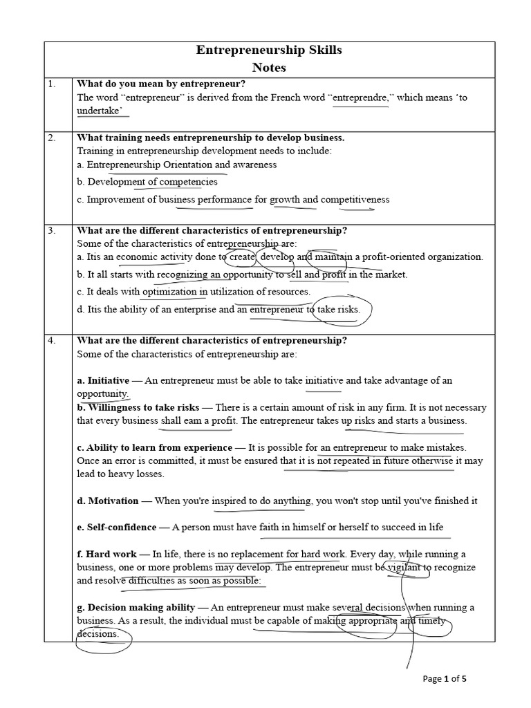 Entrepreneurship Skills- Notes #1 | PDF | Entrepreneurship | Goal