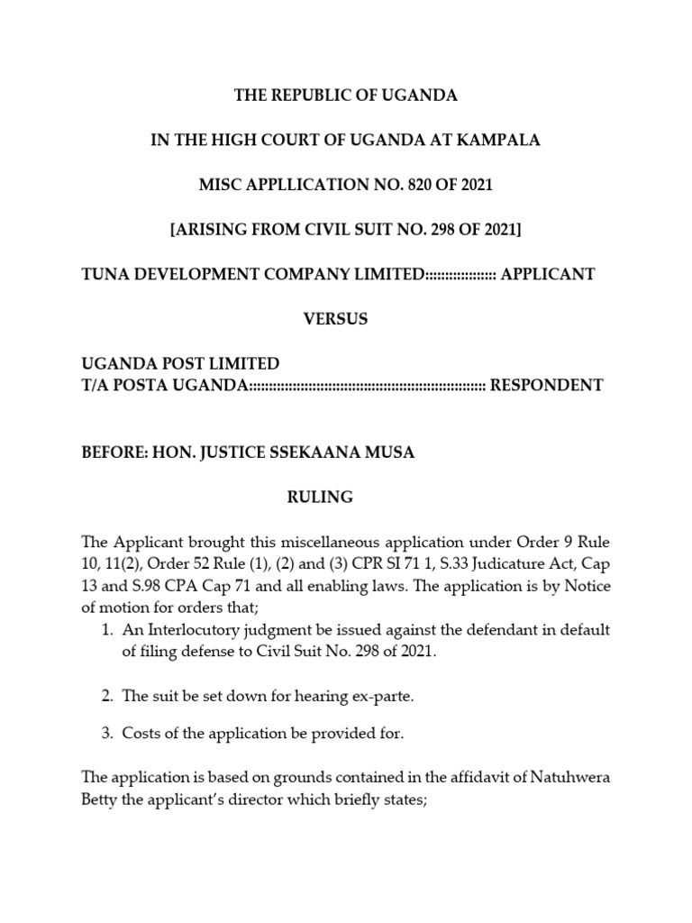 Uganda High Court Ruling on Default Judgment | PDF | Lawsuit | Default ...
