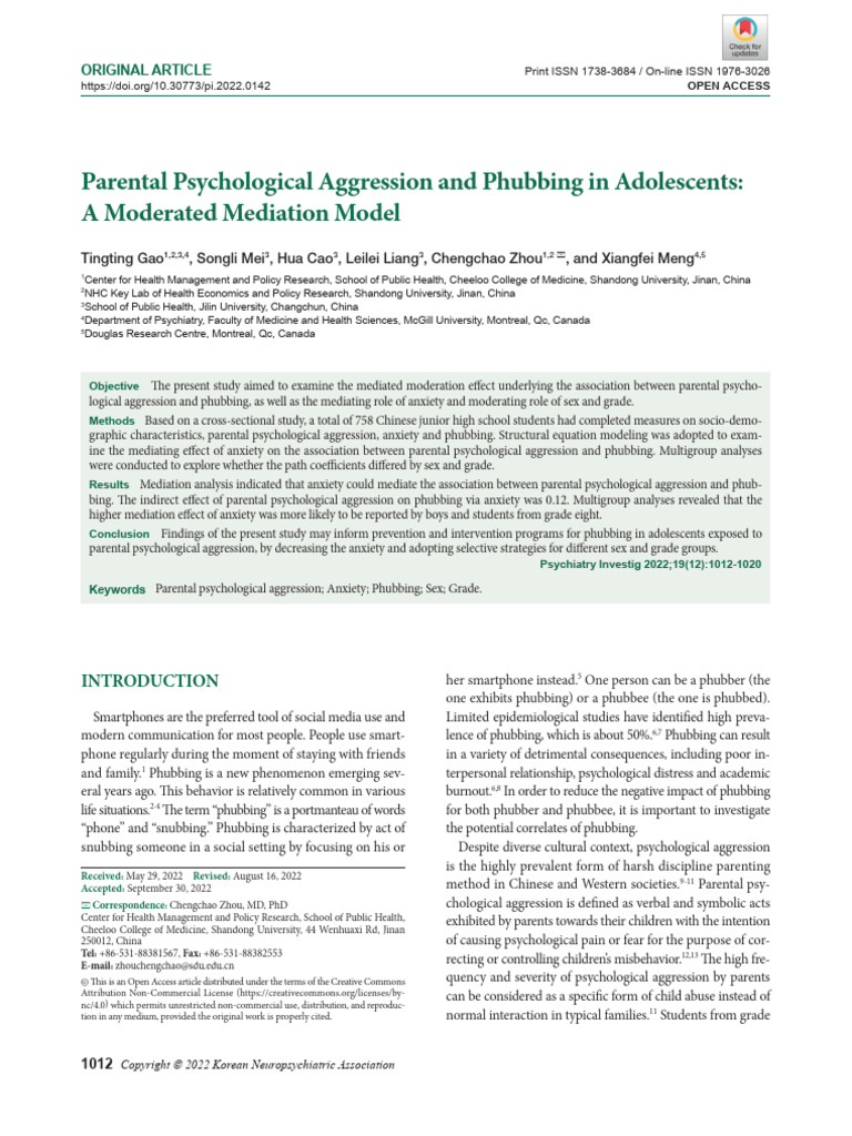 Parental Psychological Aggression and Phubbing in Adolescents | PDF | Aggression | Anxiety