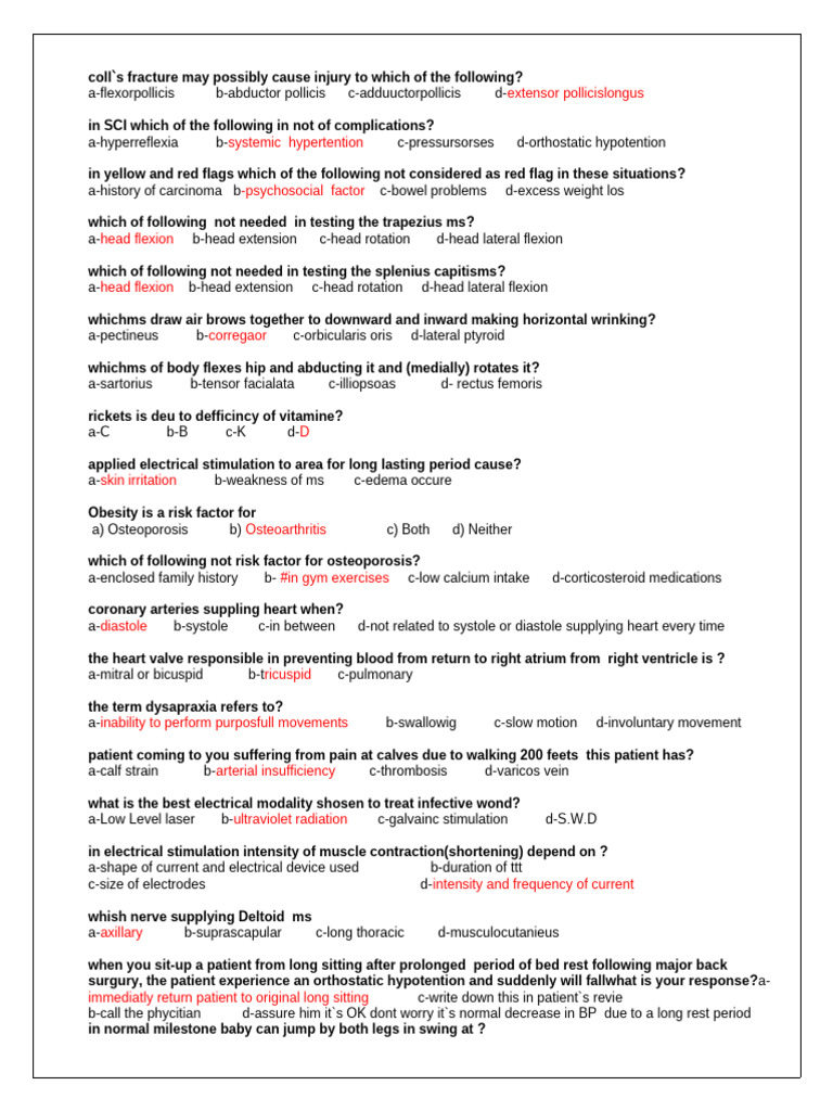 DHA Physiotherapy Exam Sample Questions | PDF | Anatomical Terms Of ...