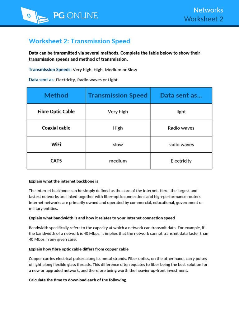 Worksheet 2 Transmission Speed Edited | PDF | Computer Network | Transmission Medium