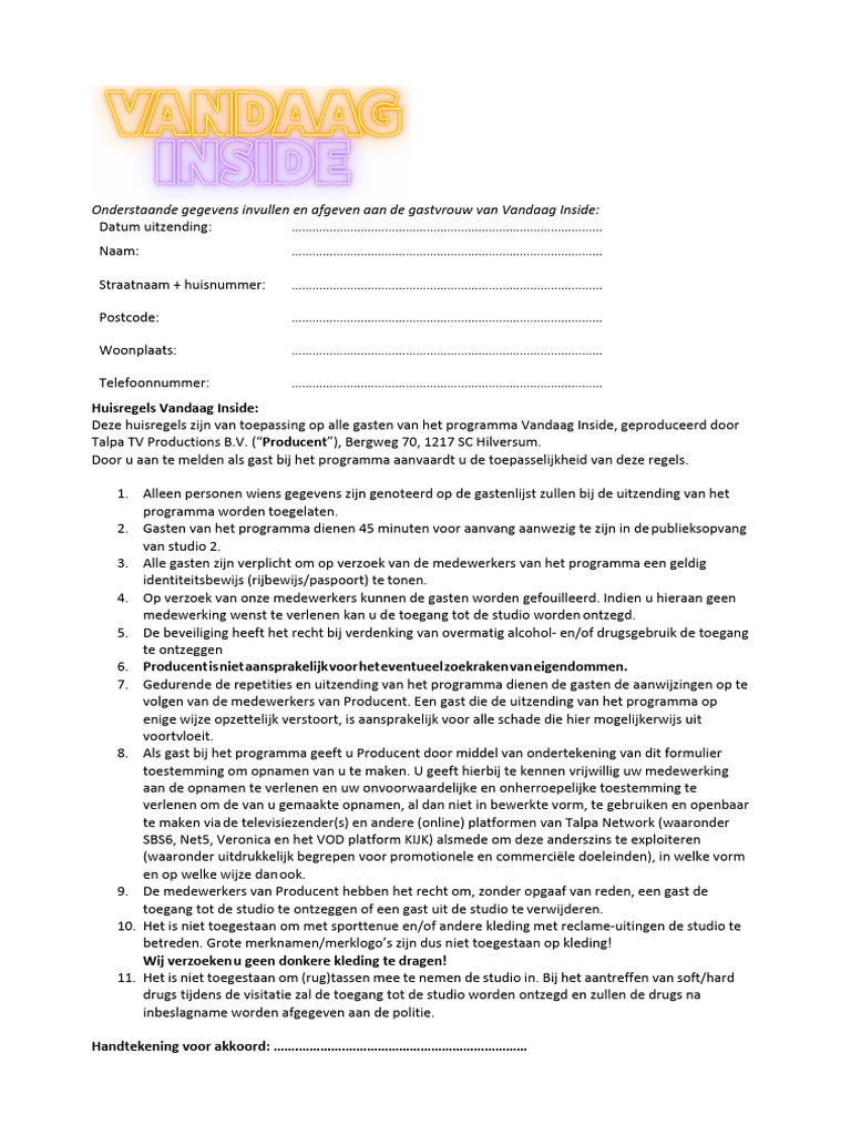 Onderstaande Gegevens Invullen en Afgeven Aan de Gastvrouw Van Vandaag ...