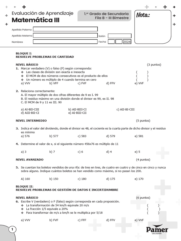 EDA - S1 - FILA B - Matemática III - III BIM - AE2024 | PDF | División ...