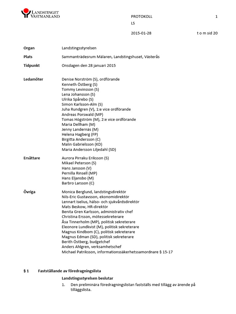 Protokoll Landstingsstyrelsen Som Strategisk Styrelse 2015 01 28 | PDF