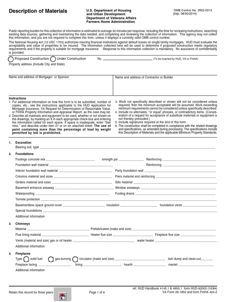 HUD Construction Material Description Form | PDF | Framing ...