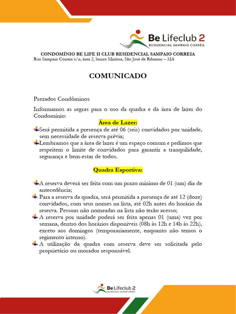 Comunicado - Reserva Da Quadra | PDF