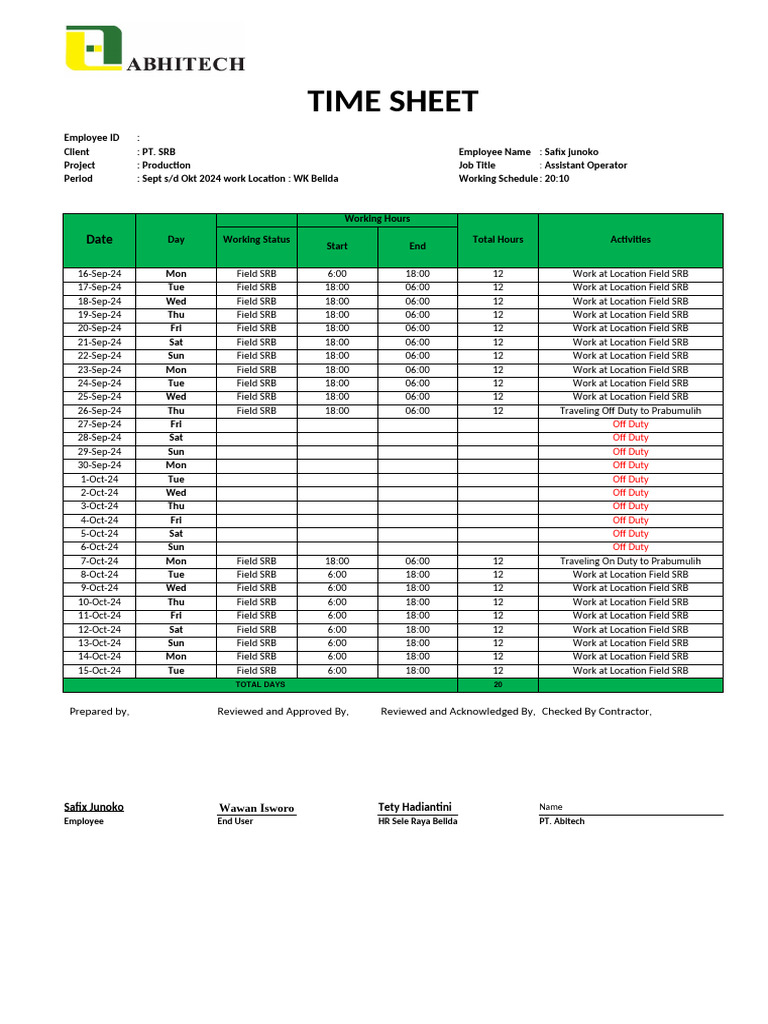 Timesheet Safix Junoko Feb - Maret 2024 | PDF
