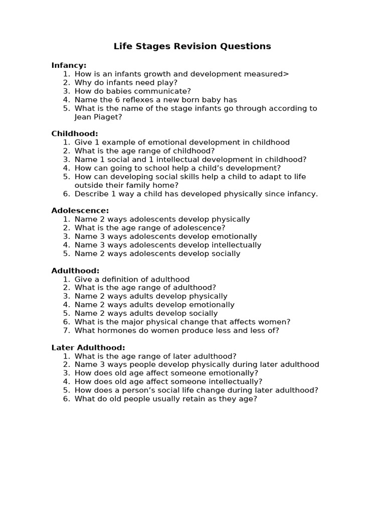 Life Stages Development Worksheet | PDF | Wellness | Lifestyle