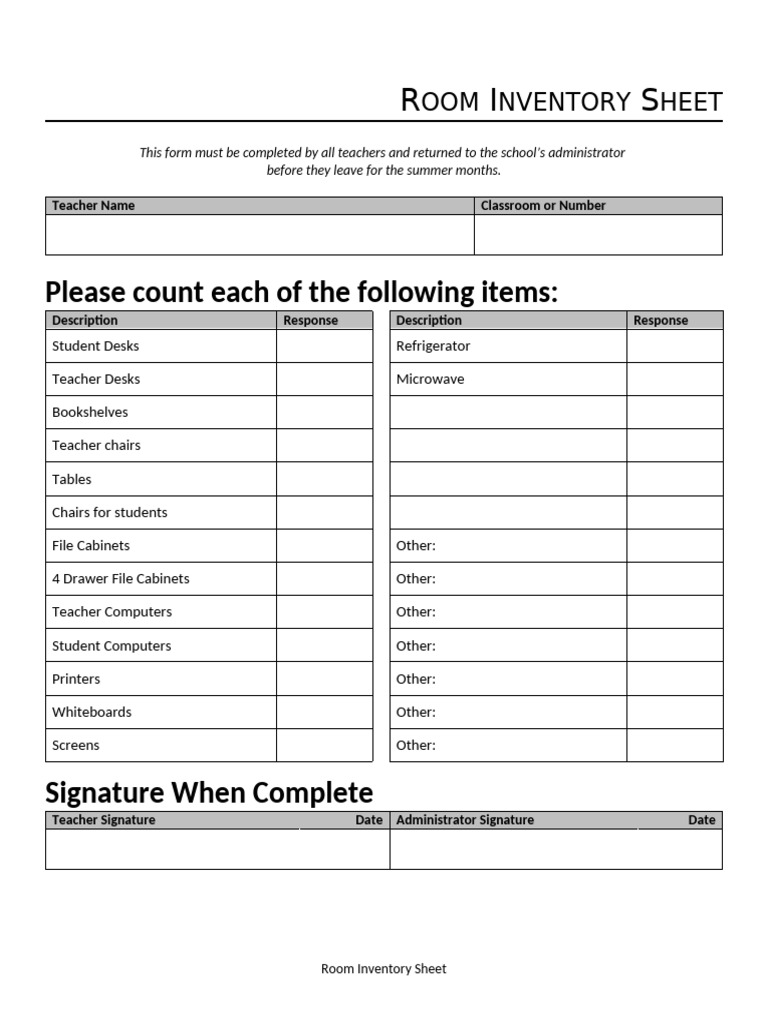 Room Inventory Sheet | PDF