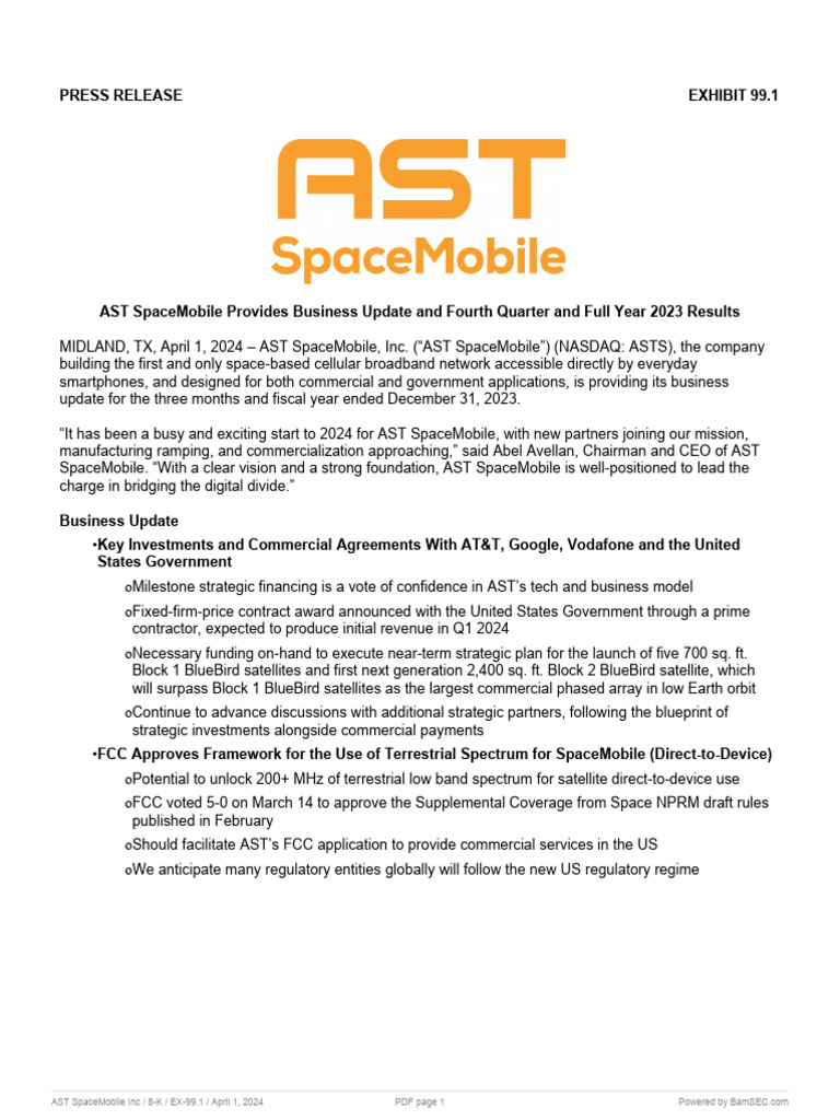 AST SpaceMobile Q4 2023 Press Release VF | PDF | Net Income | Income ...