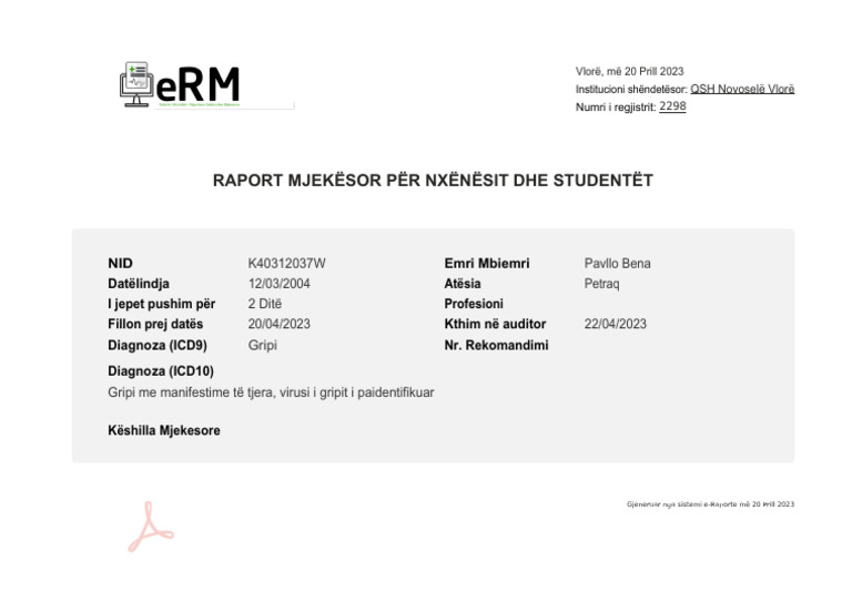 Raport Mjekësor Për Nxënësit Dhe Studentët | PDF