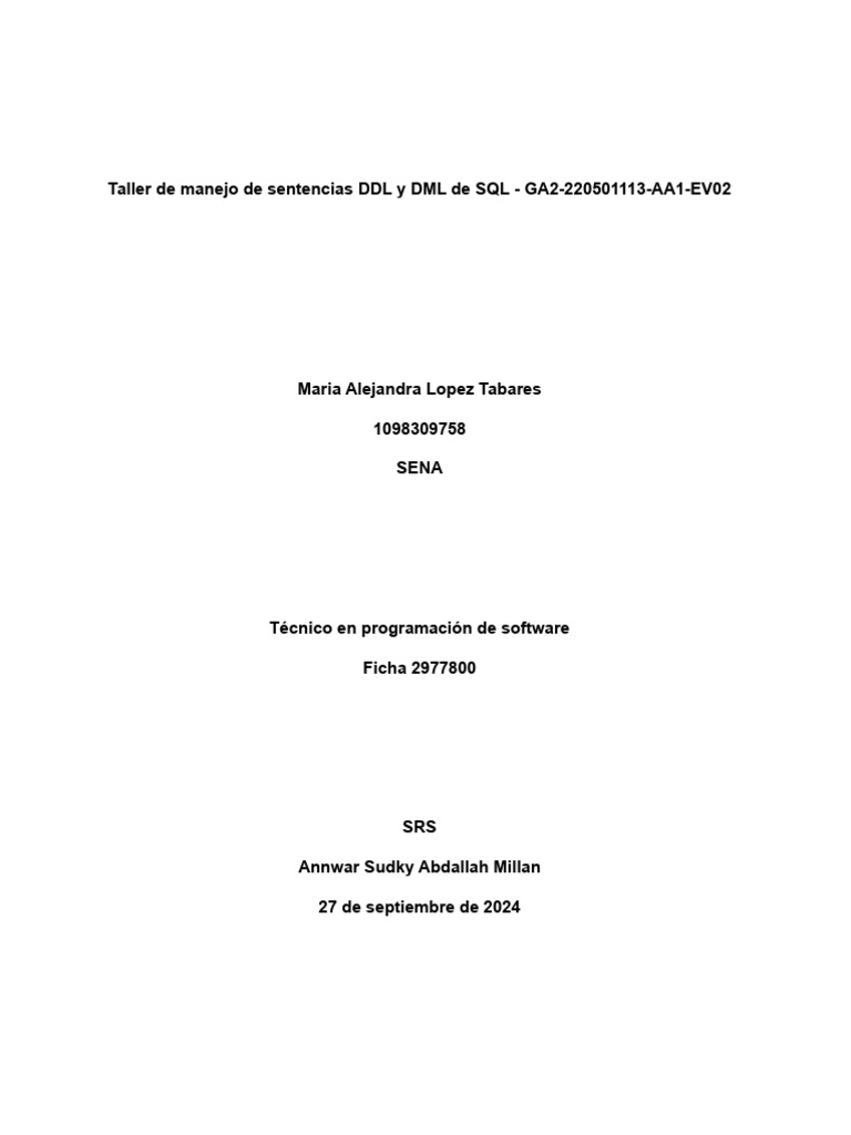 Taller de Manejo de Sentencias DDL y DML de SQL | PDF | Bases de datos | SQL