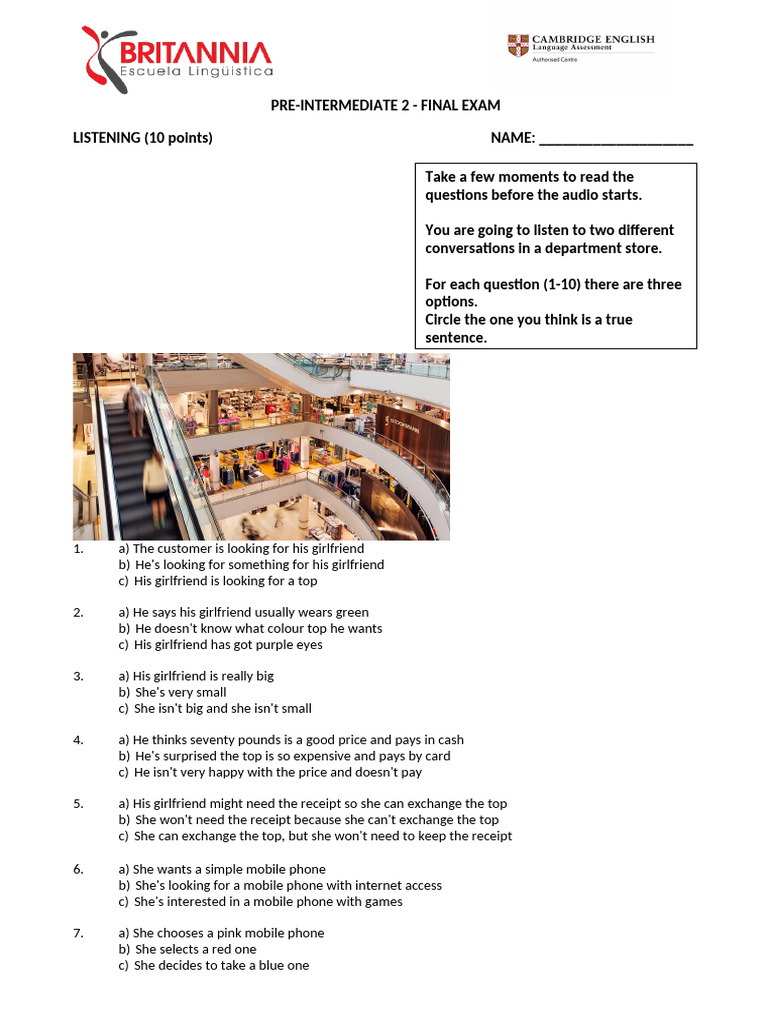 Pre-Intermediate 2 - Final Evaluation | PDF