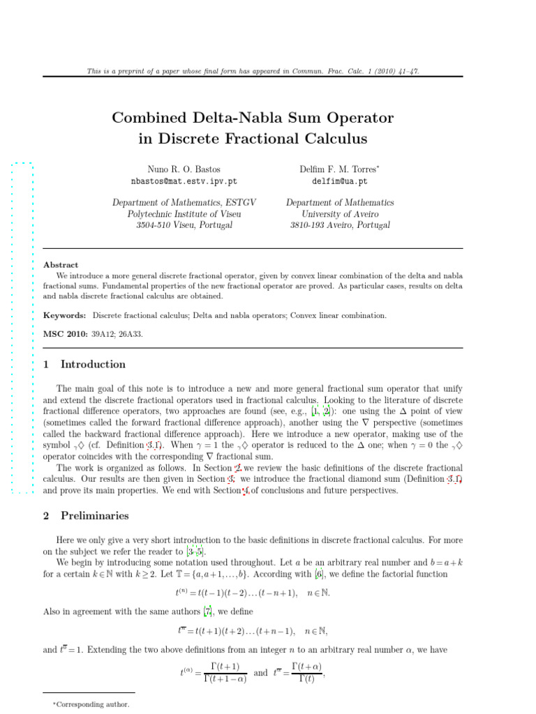 Combined Delta Nabla Sum Operator in Dis | PDF | Function (Mathematics) | Summation