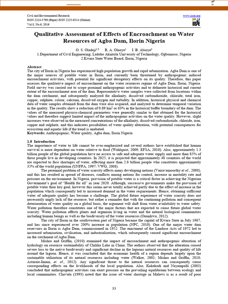 Qualitative Assessment of Effects of Encroachment On Water Resources of ...
