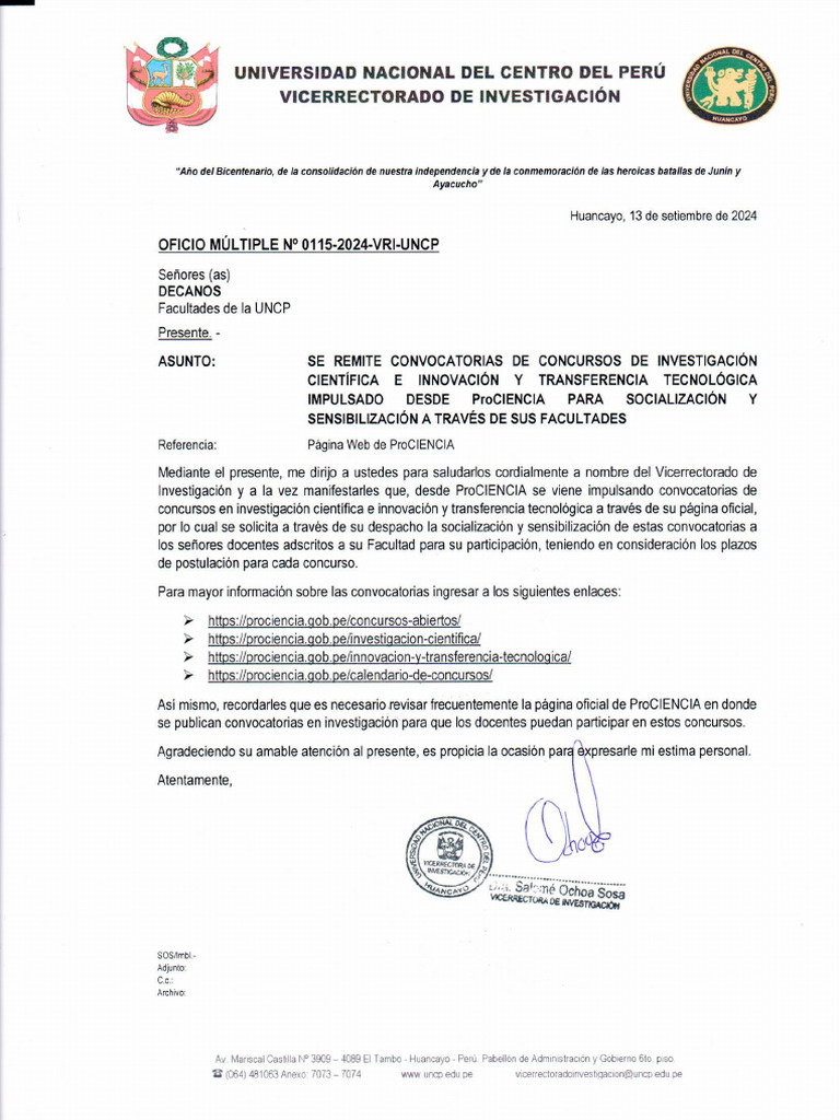 OFICIO MULT. N° 0115-2024-VRI-UNCP | PDF
