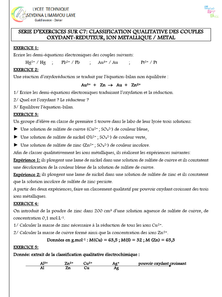 Exercices sur les couples redox 1S2 | PDF | Réaction d'oxydoréduction ...