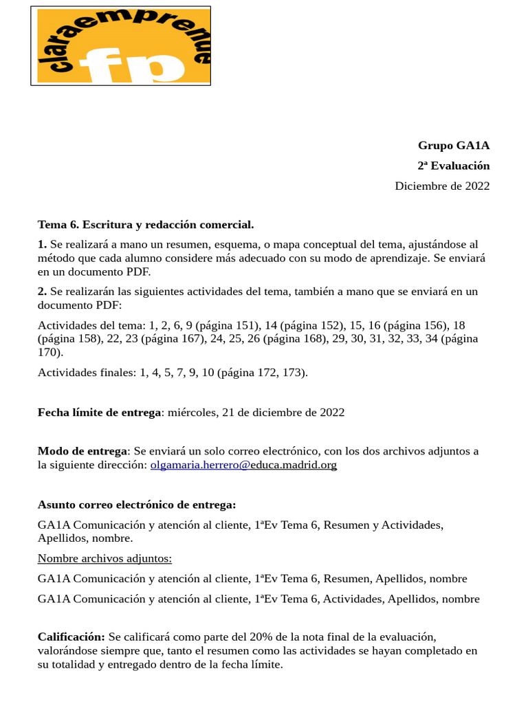 TEMA 6 Instrucciones GA1A Comunicación y Atención Al Cliente | PDF