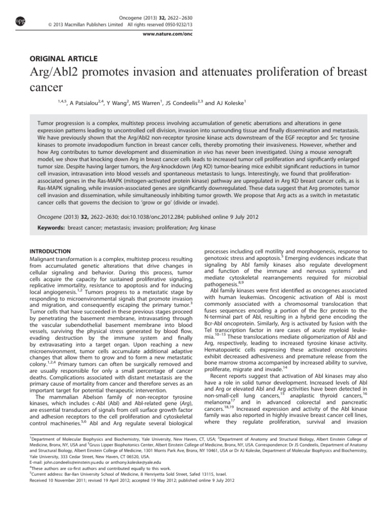 Arg/Abl2 Promotes Invasion and Attenuates Proliferation of Breast ...