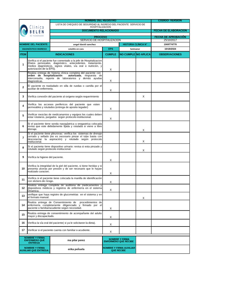 Lista de Chequeo HOSPITALIACION | PDF | Historial médico | Hospital