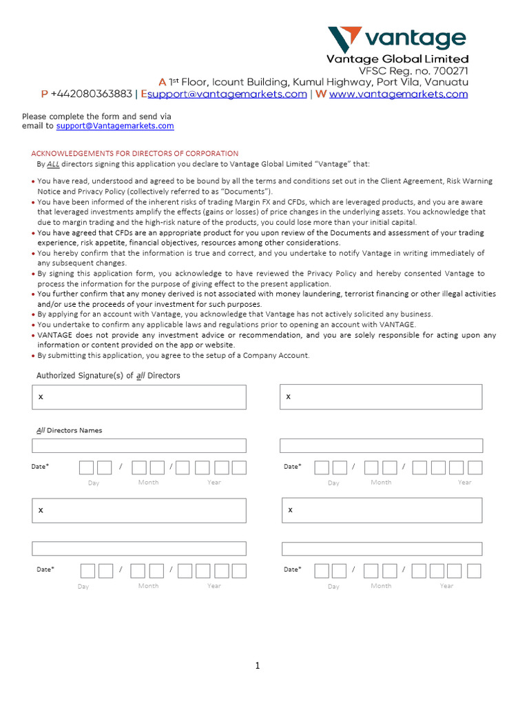 Vantage - Company Account Execution Pack - VFSC | PDF | Contract For Difference | Business