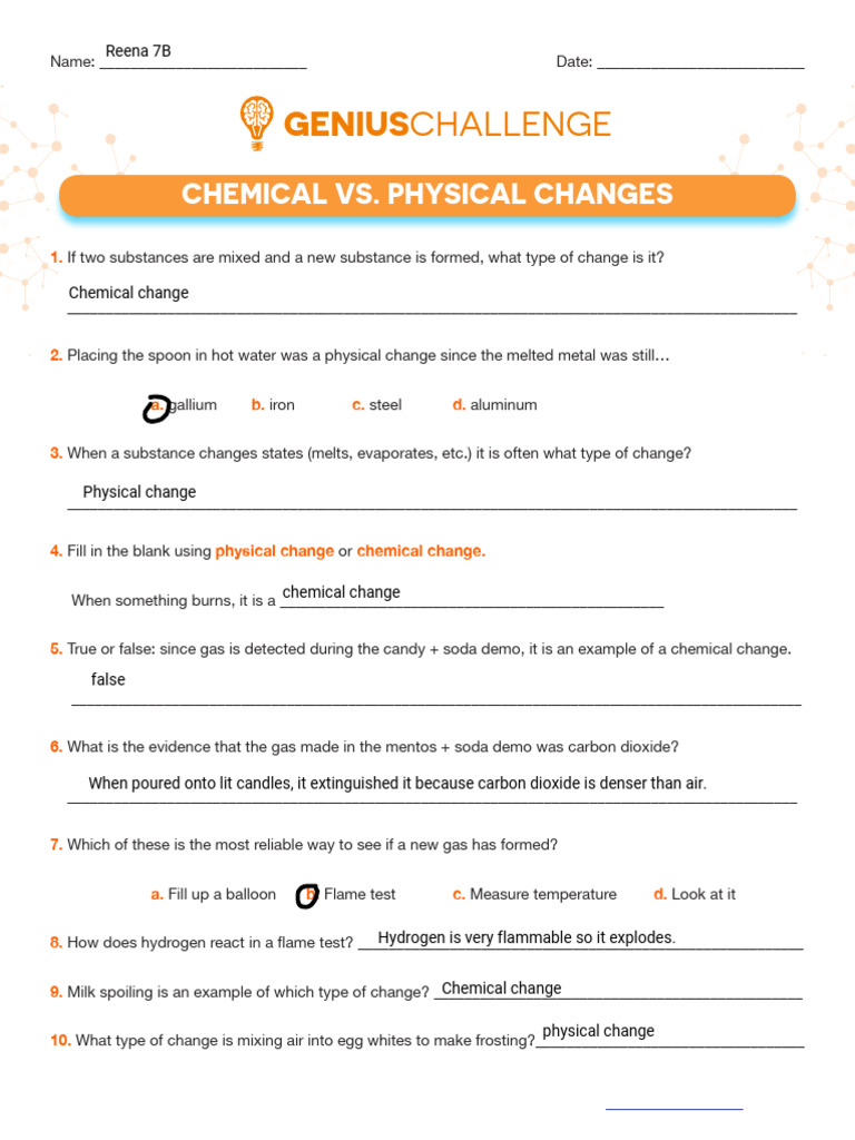 Chemical Vs Physical Changes Worksheet GG | PDF