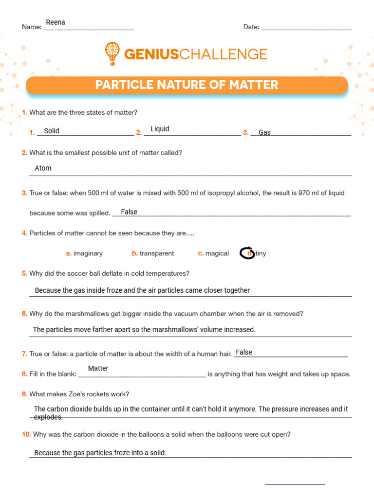 Particle-Model-of-Matter-Worksheet-GG | PDF | Matter | Gases