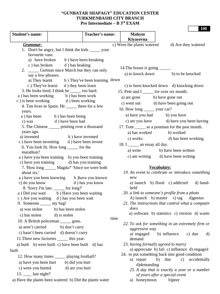 Pre - Intermediate B 3rd Exam Mahym Kiyasovna | PDF