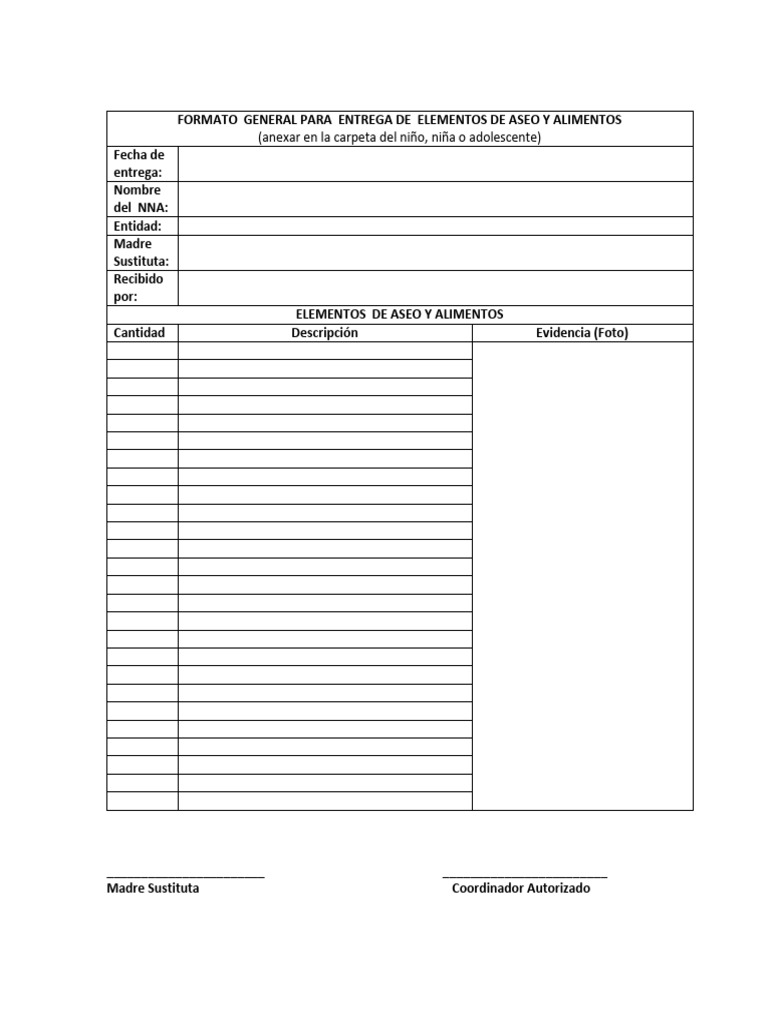 Formato General para Entrega de Elementos de Aseo y Alimenticios | PDF | Bienestar