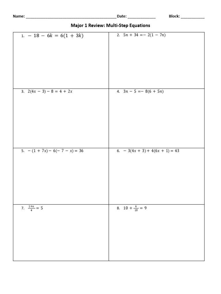 Major 1 Review Multi-Step Equations | PDF