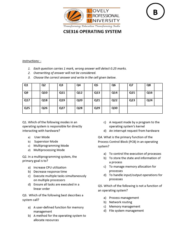 Set B | PDF | Process (Computing) | Operating System