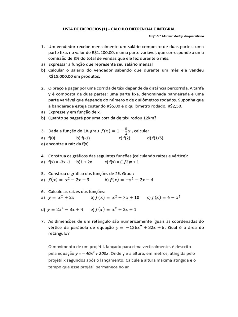 Exercícios de Funções Matemáticas | PDF