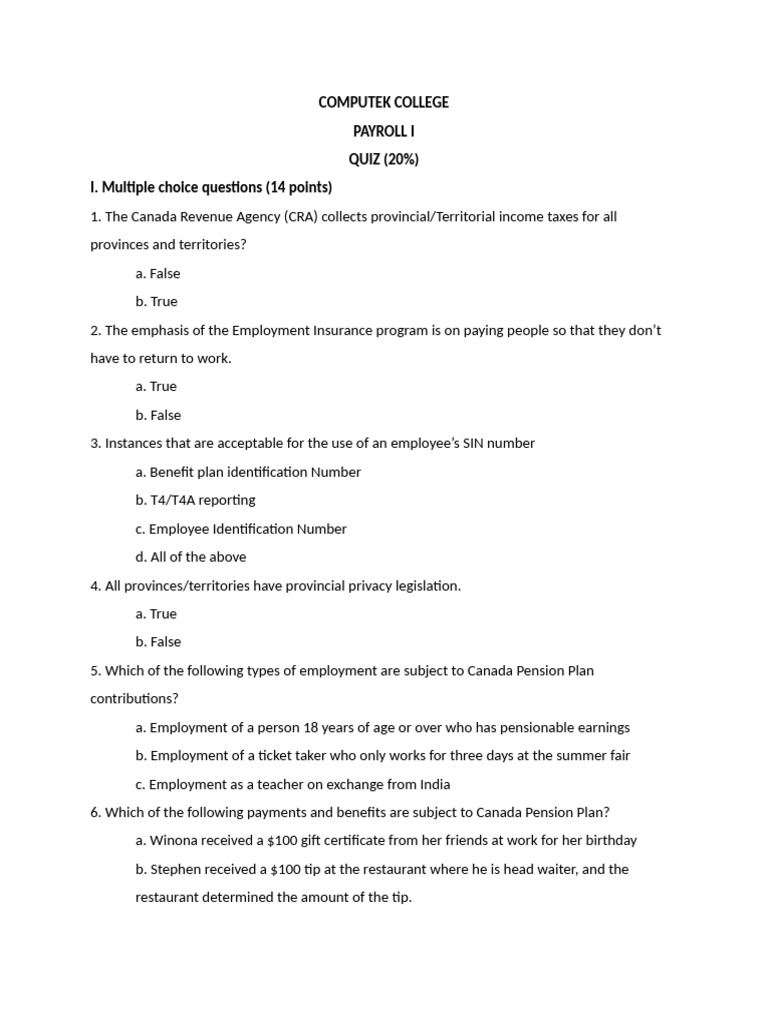 Payroll I Quiz | PDF