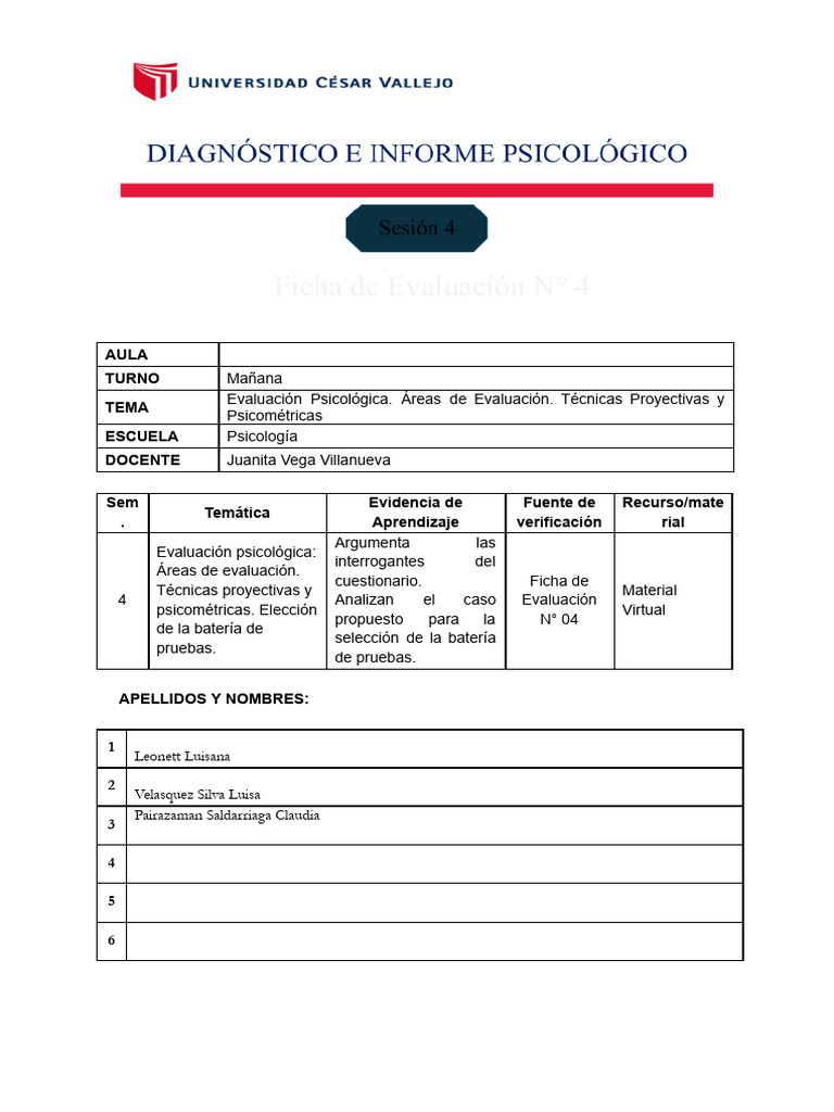 Ficha de Evaluación - Diag-Info - Sesión 4 - 2024-2 | PDF | Ansiedad | Depresión (estado de ánimo)
