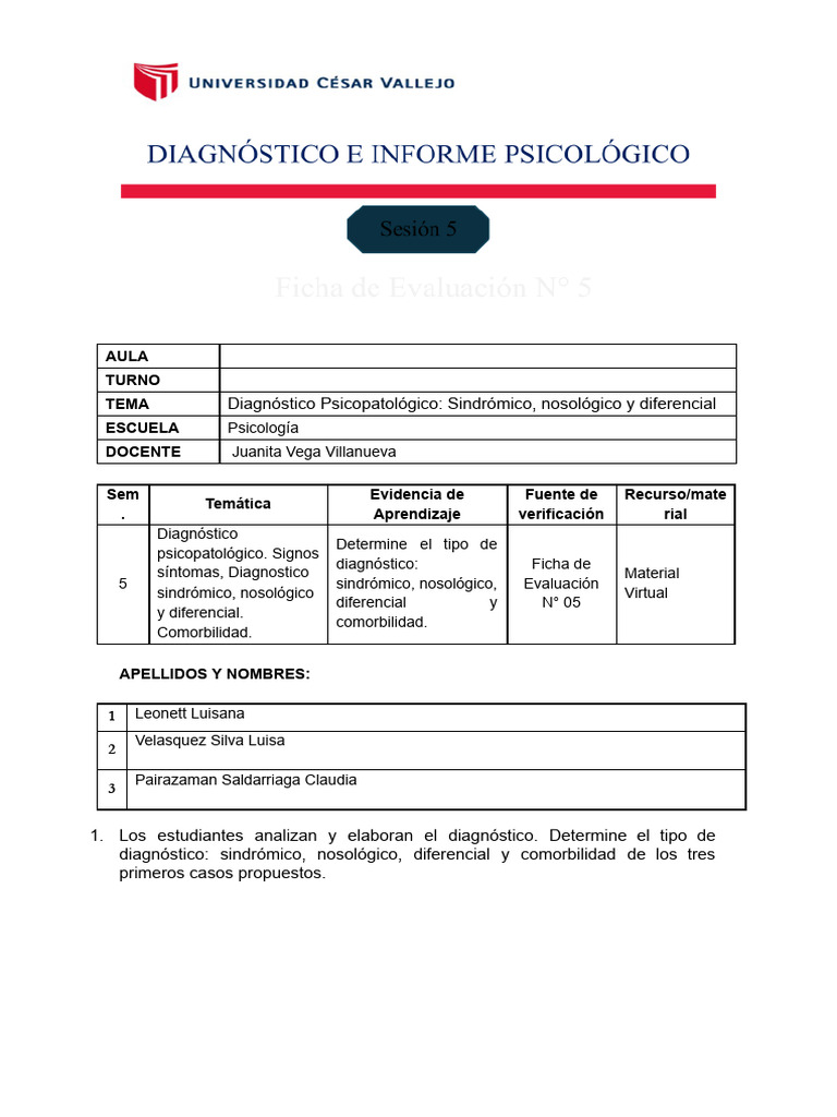 Ficha de Evaluación - Diag-Info - Sesión 5 - 2024-1 | PDF | Ansiedad | Sicología