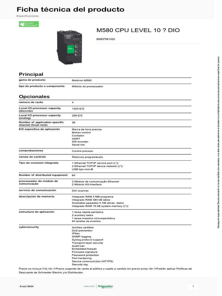 Schneider Electric Modicon M580 Epac Bmep581020 Pdf Memoria De