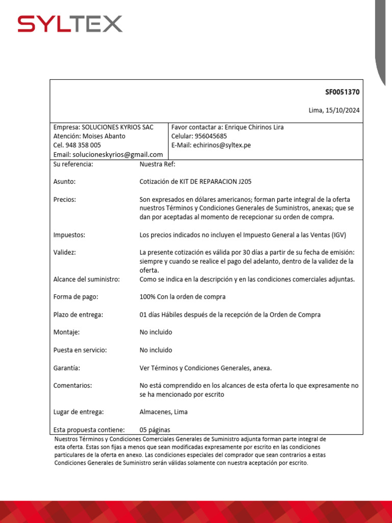 Kit de Repracion Sulzer j205 | PDF | Oferta (economía) | Ley común